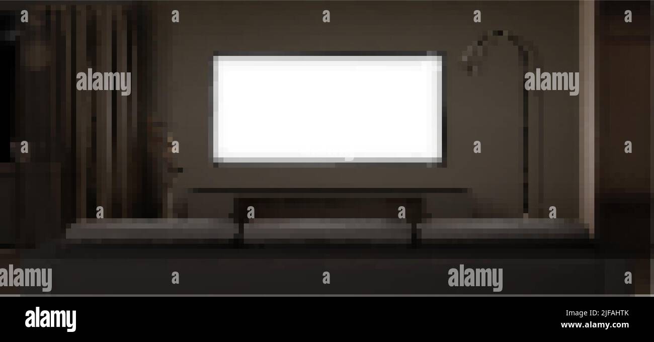 Wide lcd tv screen in dark living room at night. Modern house interior ...
