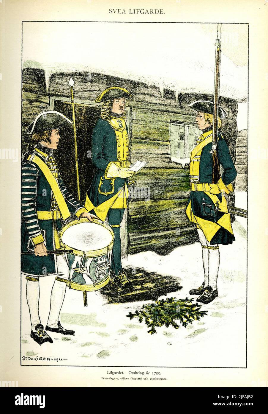 The poster with uniform for drummer, officer (captain) and musketerer ...