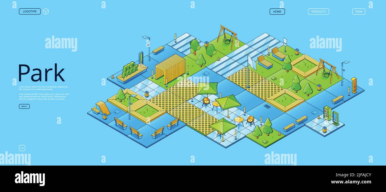 Eco park poster with isometric summer landscape with green trees, grass ...