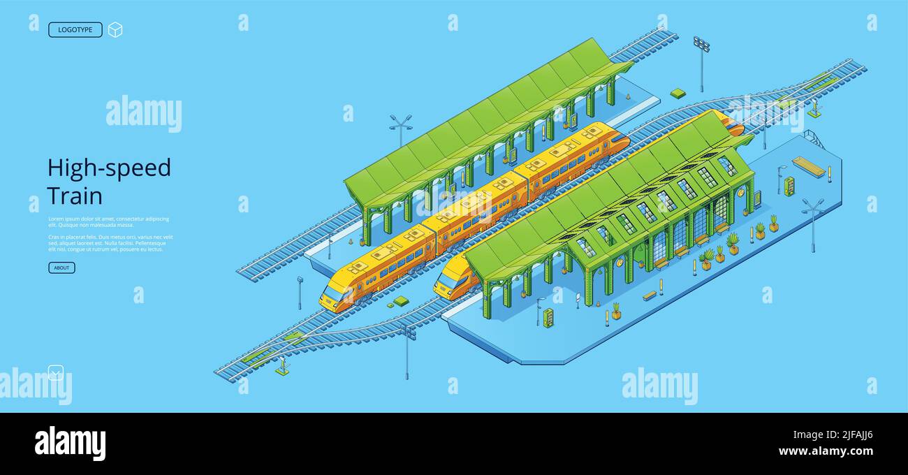 High-speed train banner with isometric railway station, express and ...