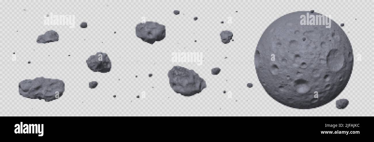 Stone asteroid belt realistic vector illustration. Meteor, space ...