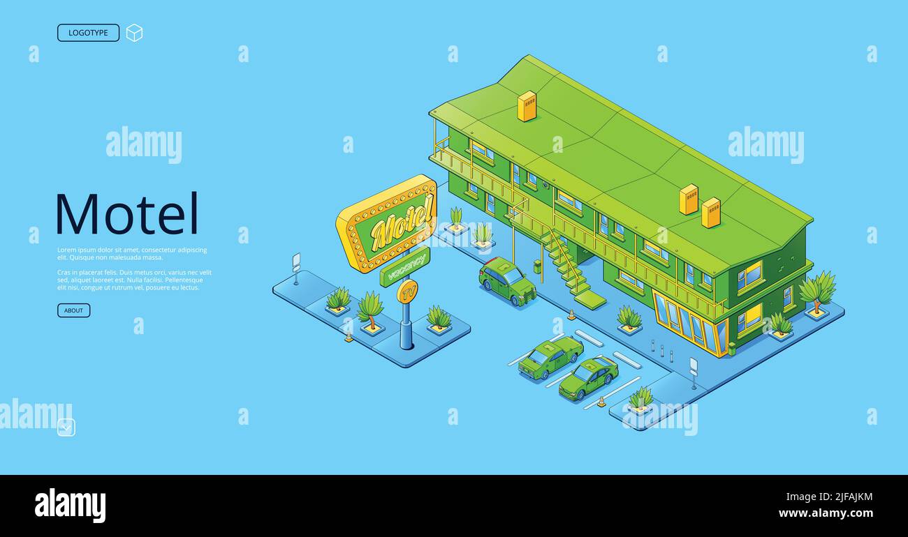 Motel poster with isometric small hotel building exterior with parking ...