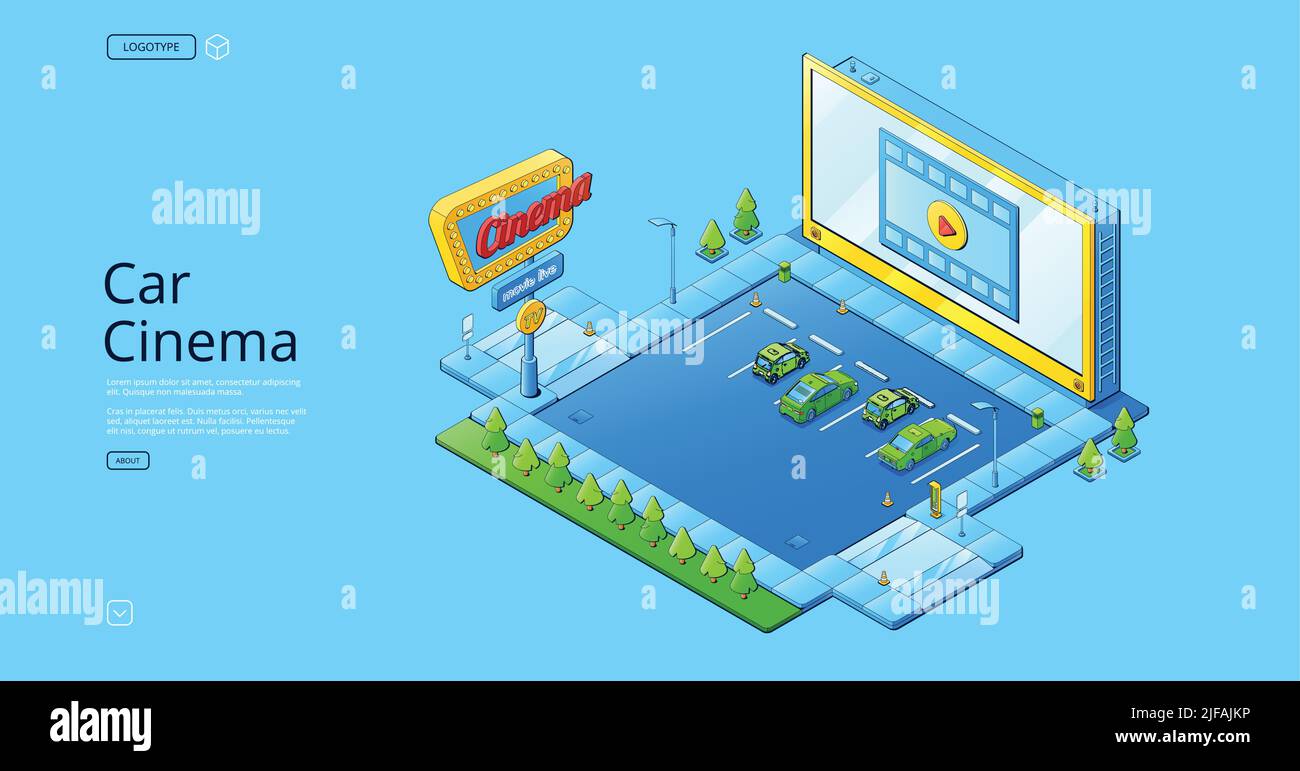 Car cinema banner with isometric illustration of auto on parking with ...