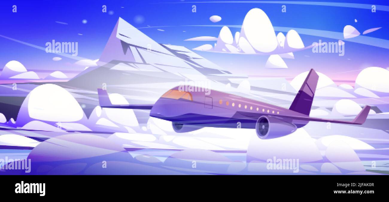 Plane fly above white fluffy clouds near mountain with snow. Concept of ...