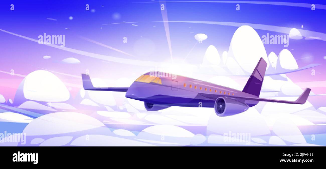 Plane fly in sky above white fluffy clouds and sun. Concept of ...