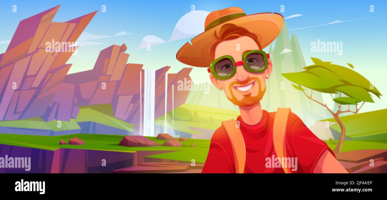 Tourist man with happy smiling face in sunglasses taking photo at ...