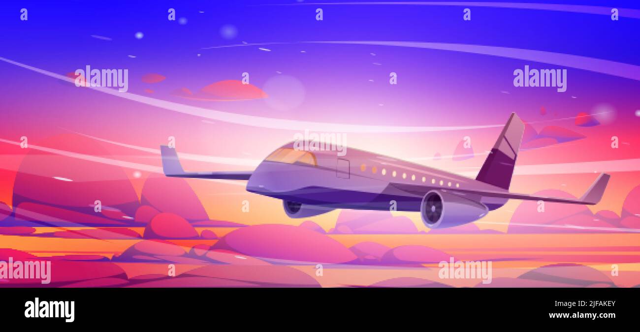 Plane fly in morning sky above pink fluffy clouds. Concept of passenger ...