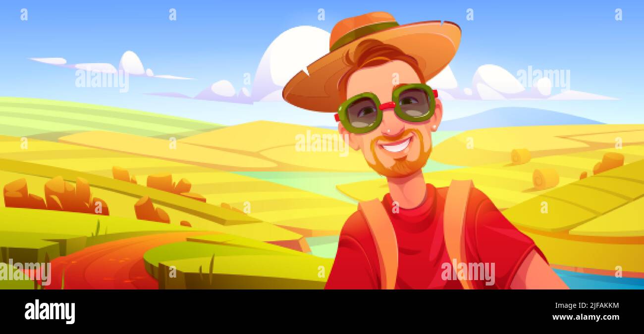 Young man smiles on background of river and agriculture fields. Vector ...
