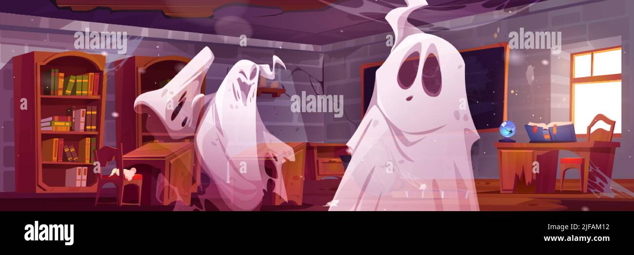 Spooky ghosts in old magic school classroom. Halloween background with ...