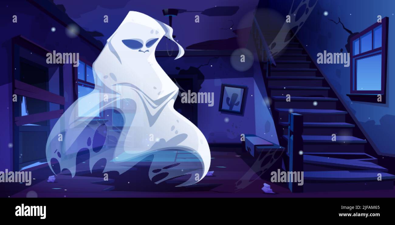 Old haunted house hallway at night. Ghost in abandoned home with mess ...