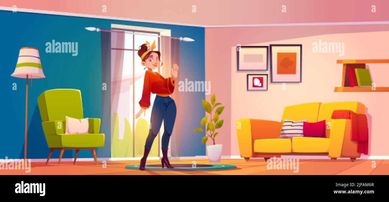 Woman in living room with couch, arm chair and shelf with books. Vector ...