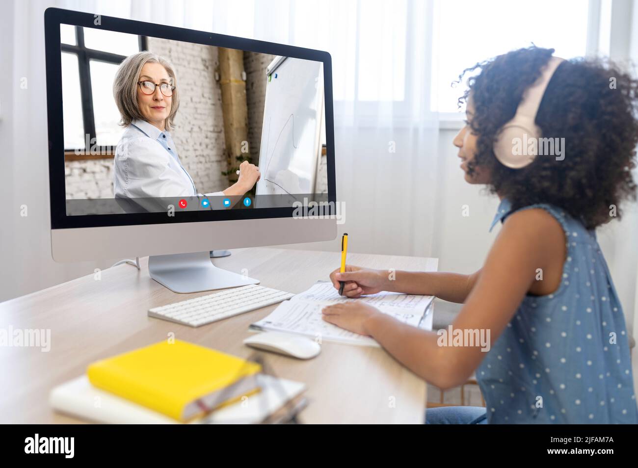 Senior female teacher with whiteboard on the computer screen explains ...