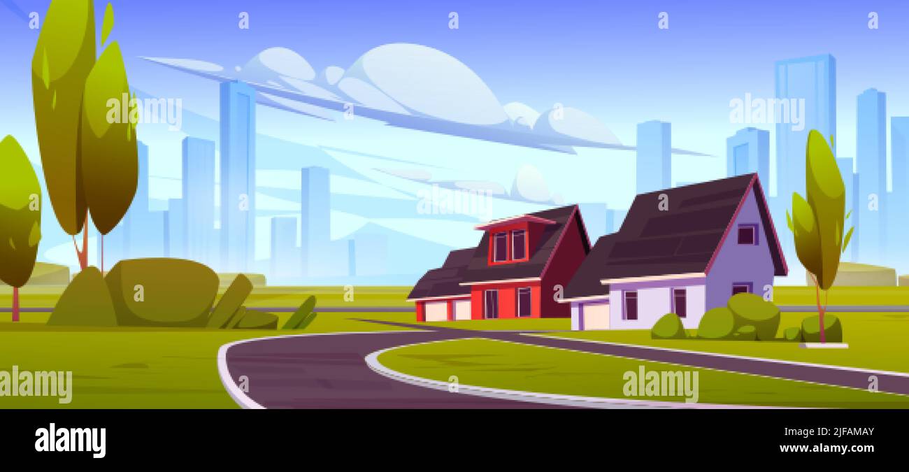 Suburb district with houses, road and city buildings on skyline in ...