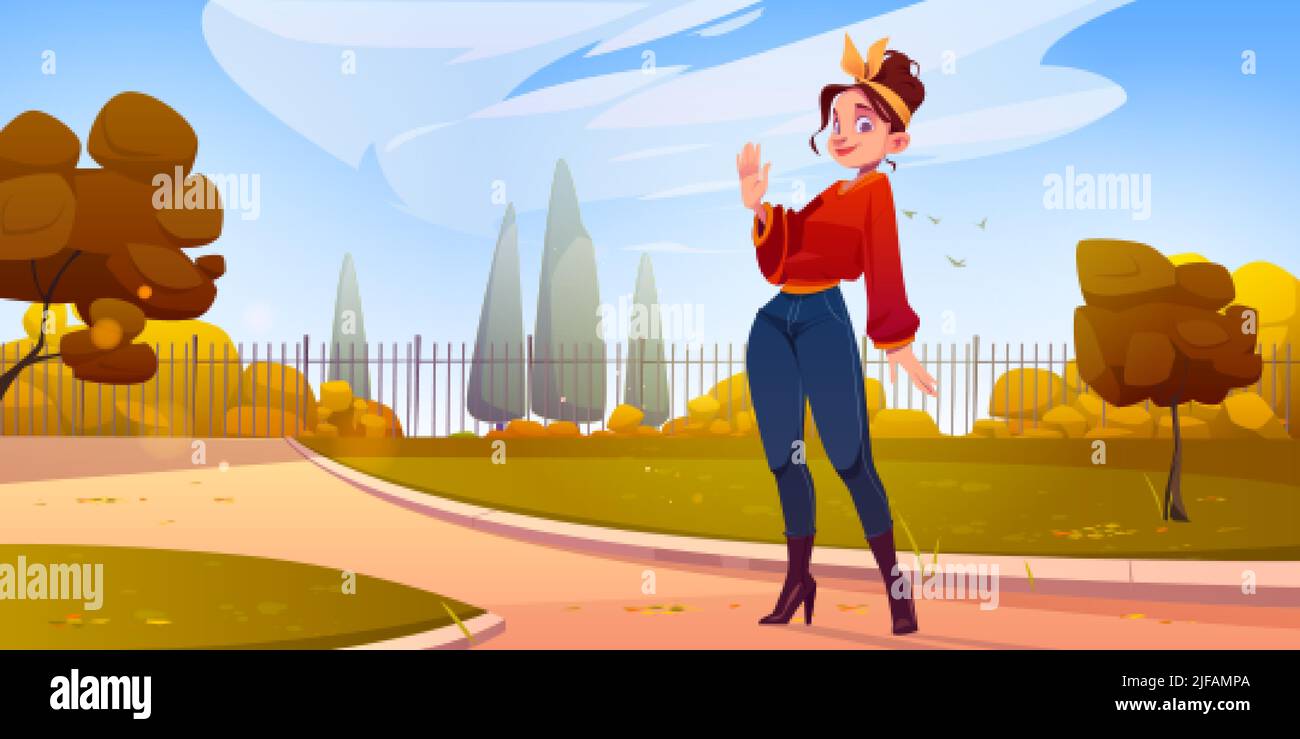 Woman in autumn city park waving hand in greeting gesture. Female ...