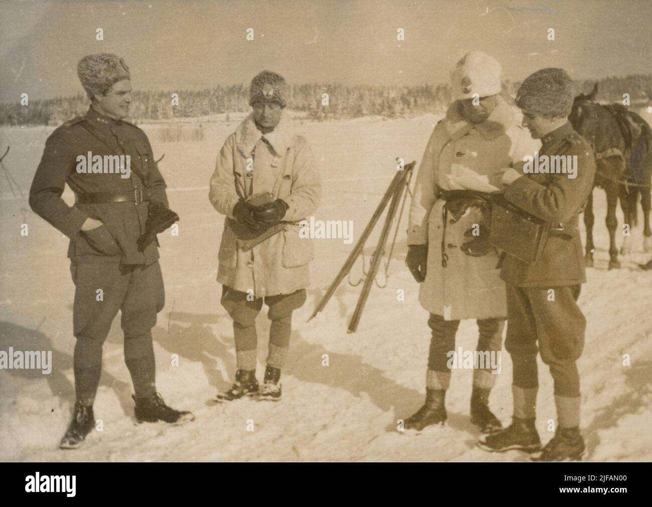 Winter image with four soldiers from Södermanland Regiment in 10. To ...