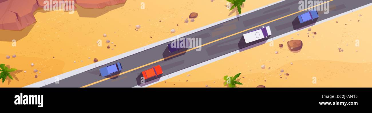 Road with cars top view, straight two lane highway along sandy land ...