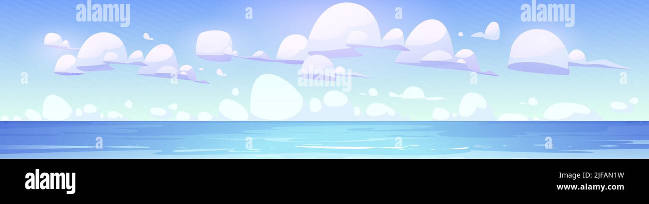Panorama of sea with calm water surface and clouds in sky. Vector ...