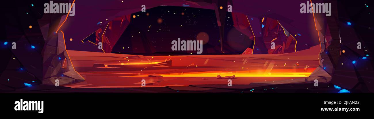 Cave with lava, underground nature landscape with glowing magma in ...