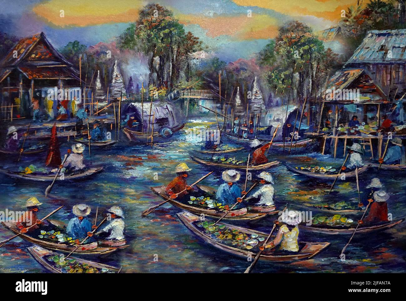 Hand drawn Art painting Oil color Floating market , rural life , rural ...