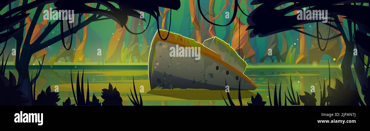 Sunken ship in swamp in tropical forest. Vector cartoon illustration of ...