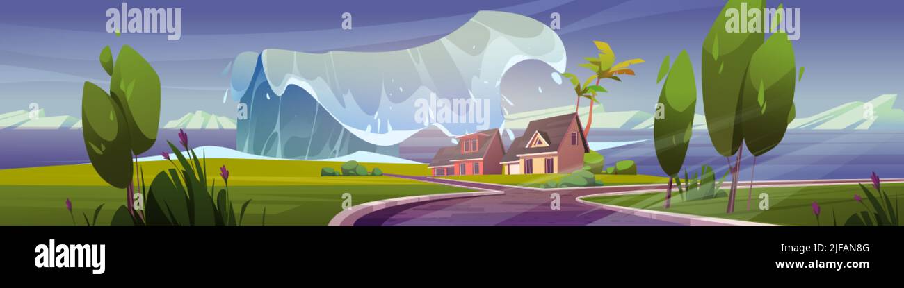 Sea beach with houses and tsunami wave. Panorama with natural disaster ...