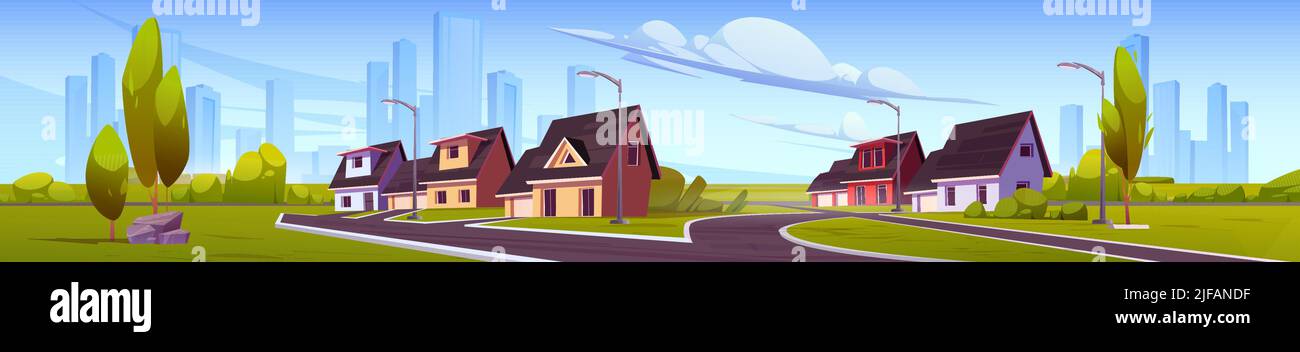 Suburb district panorama with houses, road, street lights and city on ...