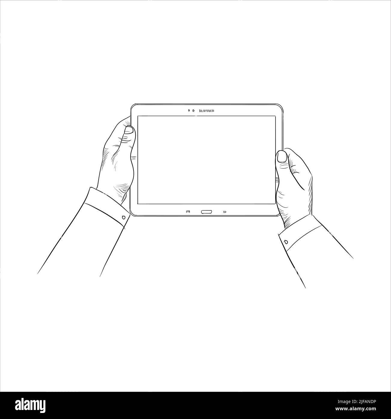 Tablet with hands sketch drawing illustration. Hand holding a tab ...