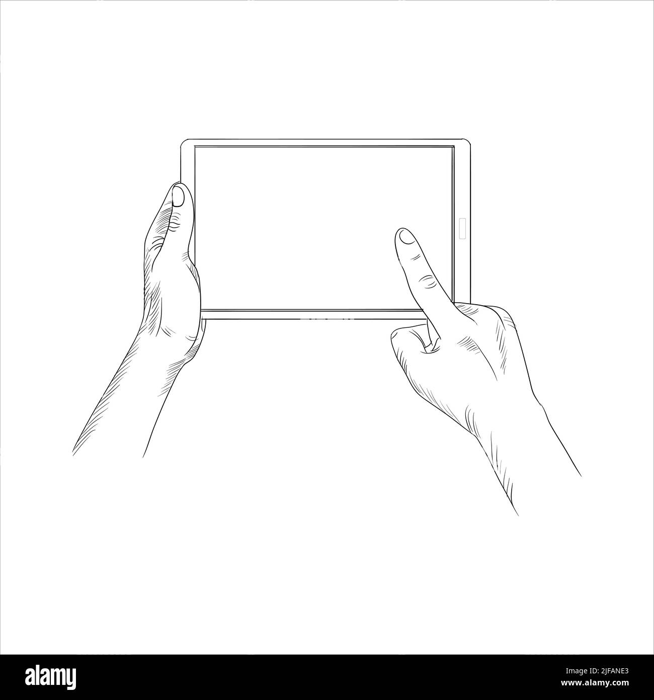 Tablet with hands sketch drawing illustration. Hand holding a tab ...