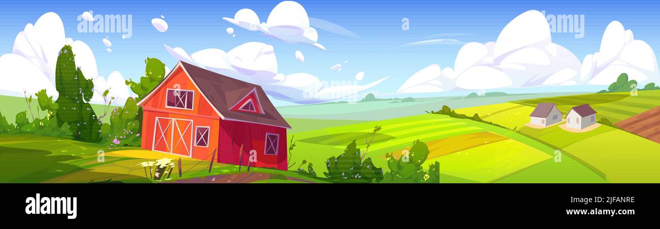 Summer rural landscape with farm barn, green agriculture fields and ...