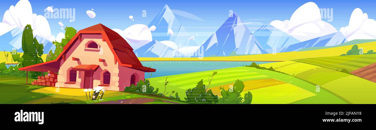 Summer landscape with lake, agriculture fields, rustic house and ...