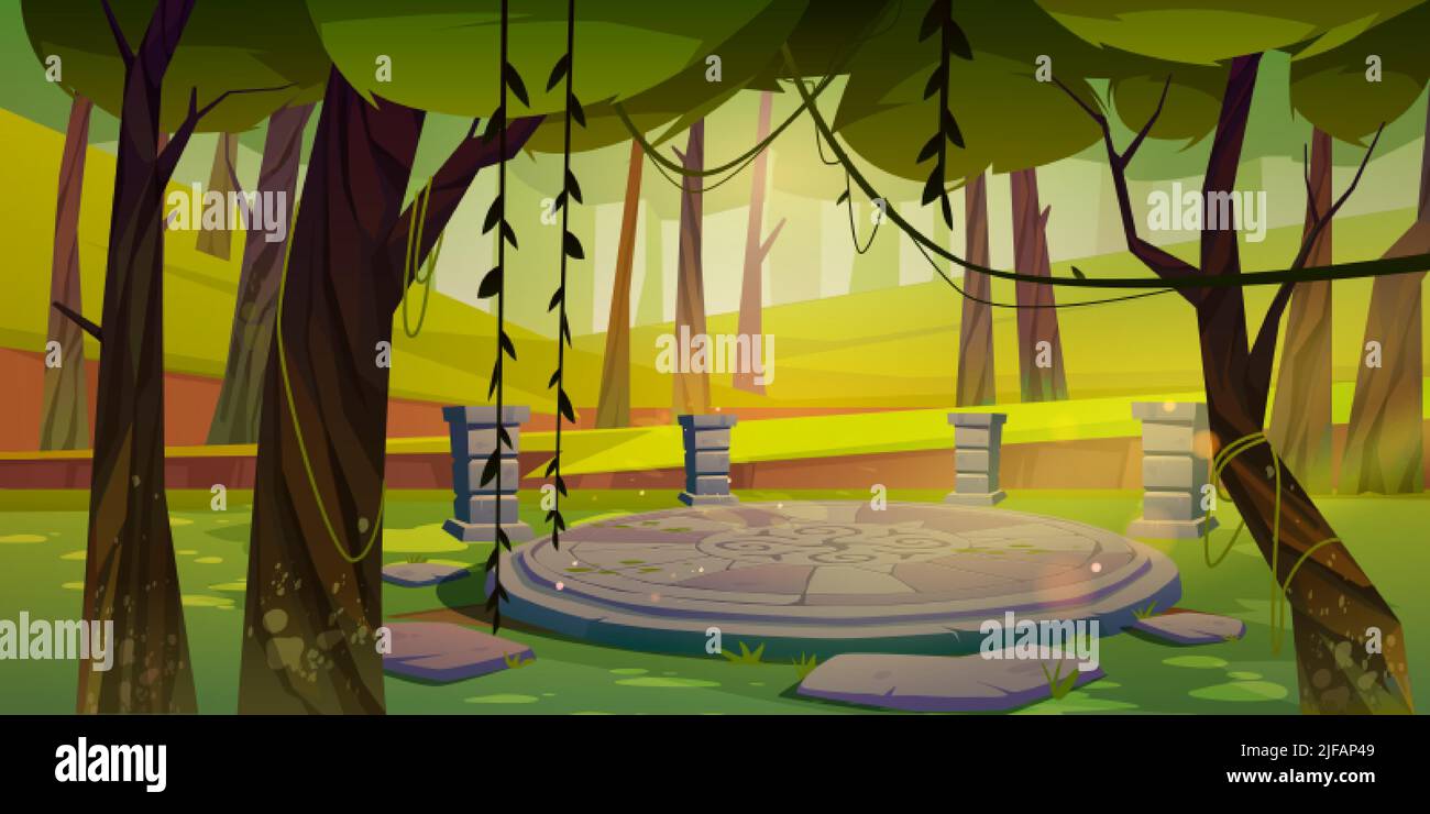 Ancient ruins with circle stone platform and pillars in jungle. Vector ...