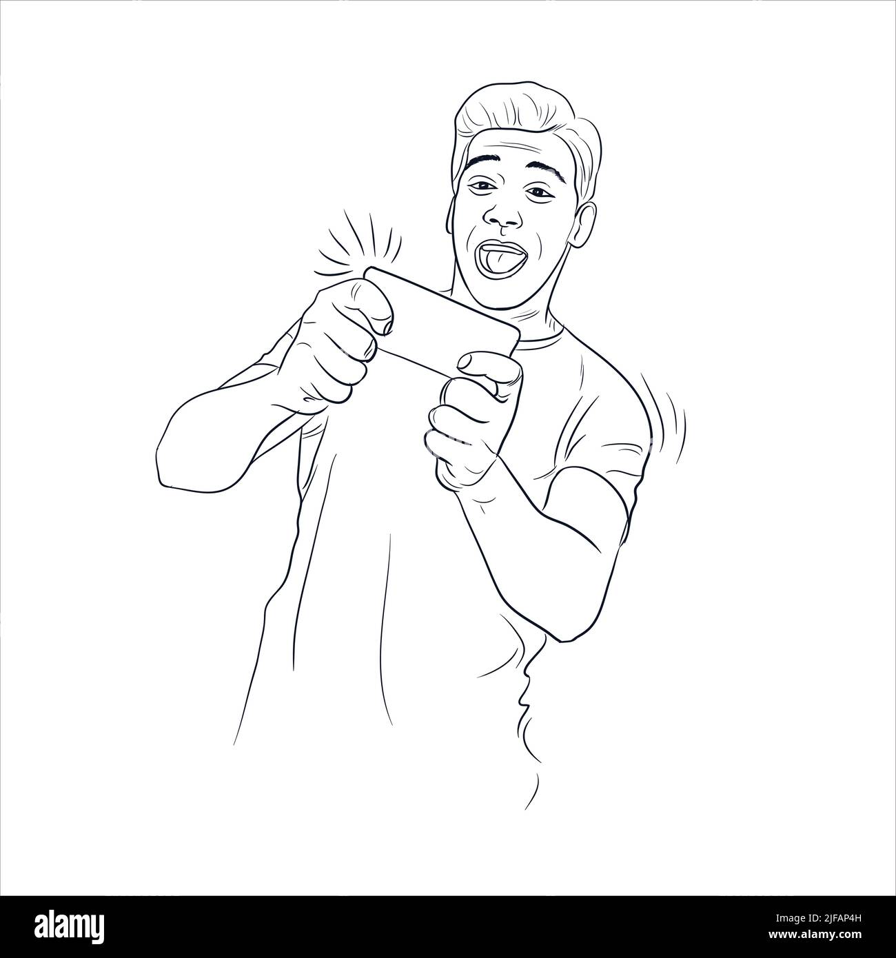 Excited Happy young man game winner with smartphone line art drawing ...