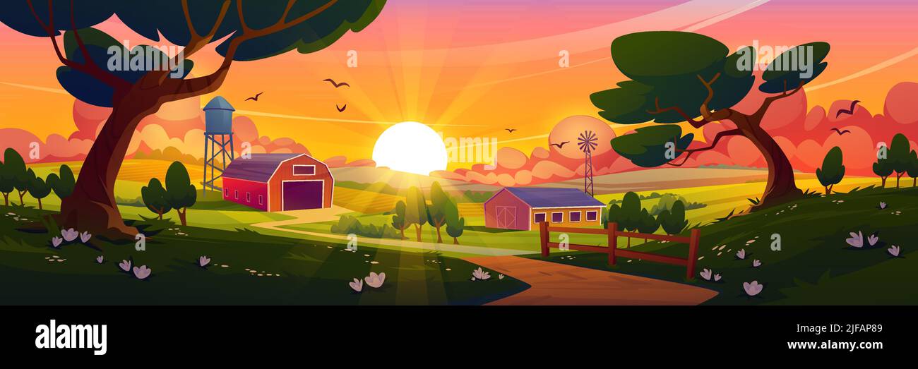 Summer countryside with farm barn, windmill, water tower and ...