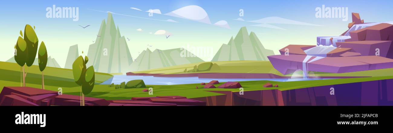 Waterfall cascade at beautiful nature cartoon panoramic landscape ...