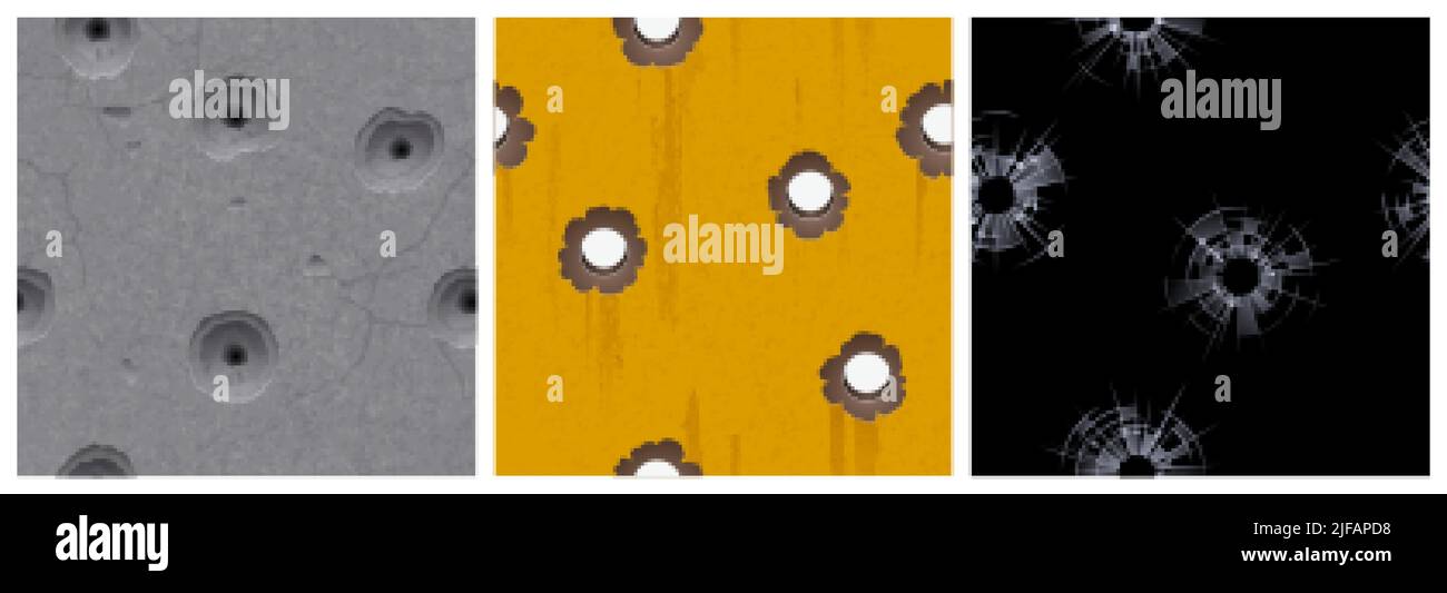 Bullet holes in stone, metal and glass wall textures, seamless ...