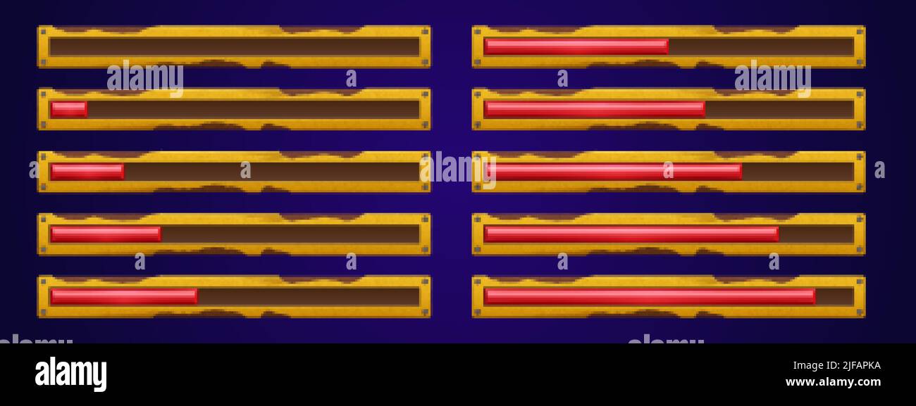 Game progress bars, load slider with metal frame with rust and peeling paint. Vector cartoon set ...