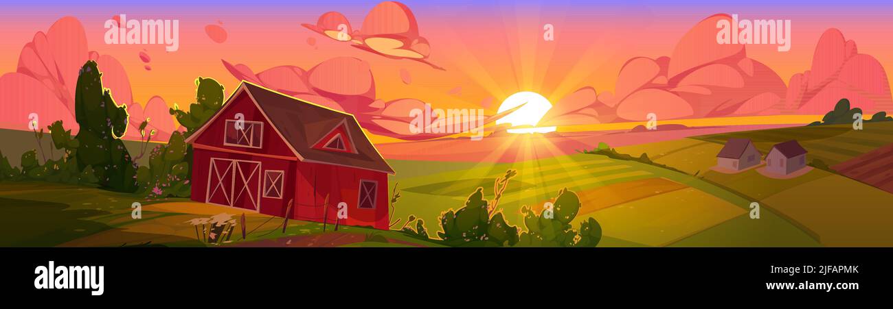 Sunrise countryside landscape with farm barn, agriculture field and ...