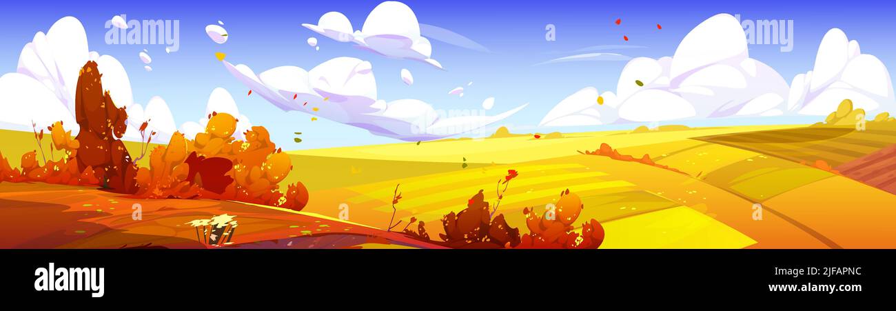 Autumn landscape with orange agriculture fields. Vector cartoon ...