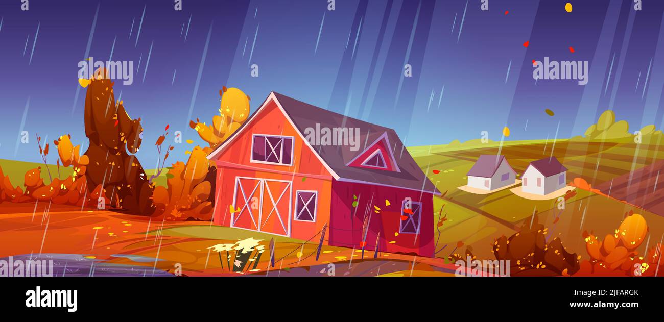 Rainy countryside landscape with farm barn, agriculture field and ...
