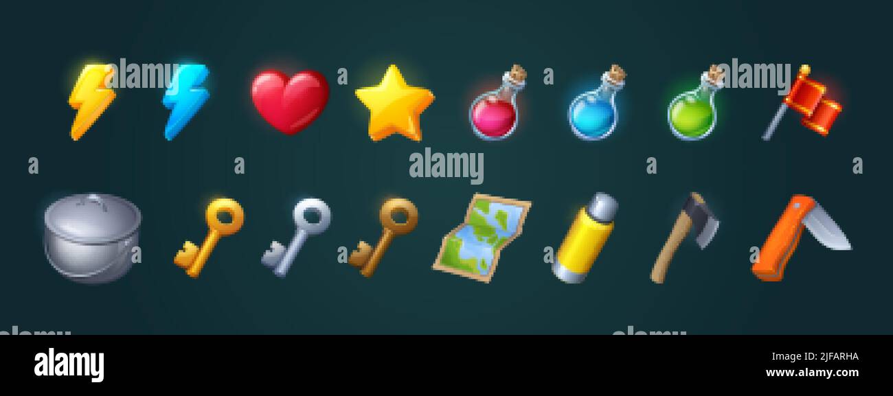 Icons for game about hiking, camping, tourism. Vector cartoon set of ...