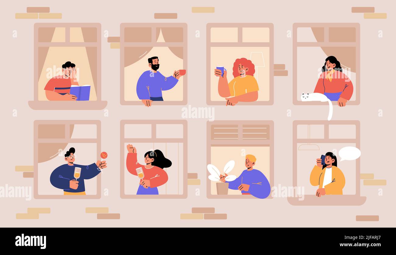 People in windows, neighborhood, private life concept. Neighbors men ...