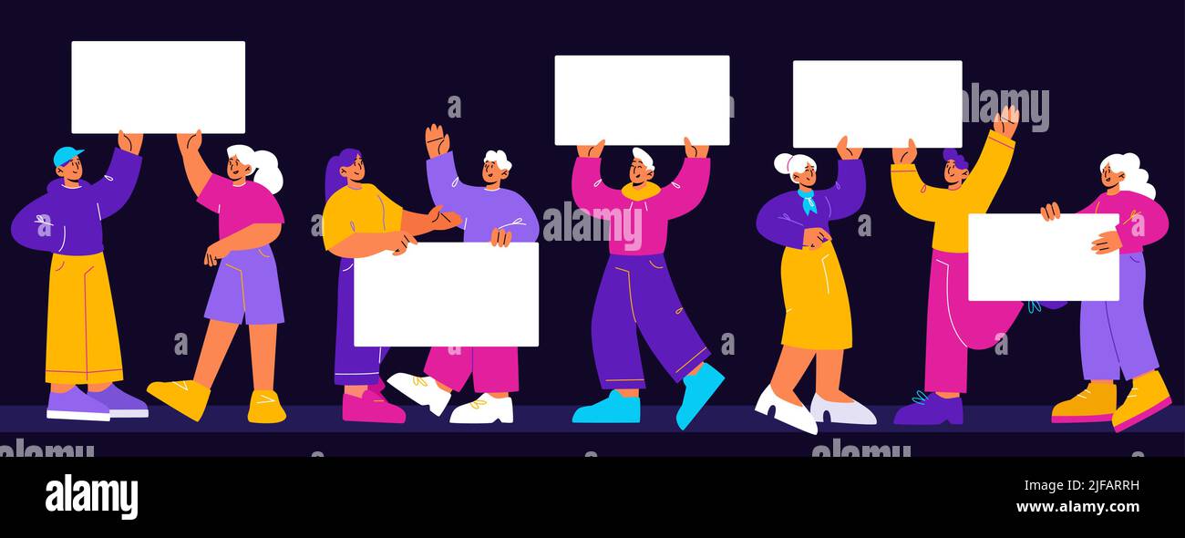 Happy people holding blank banners on presentation, demonstration or ...