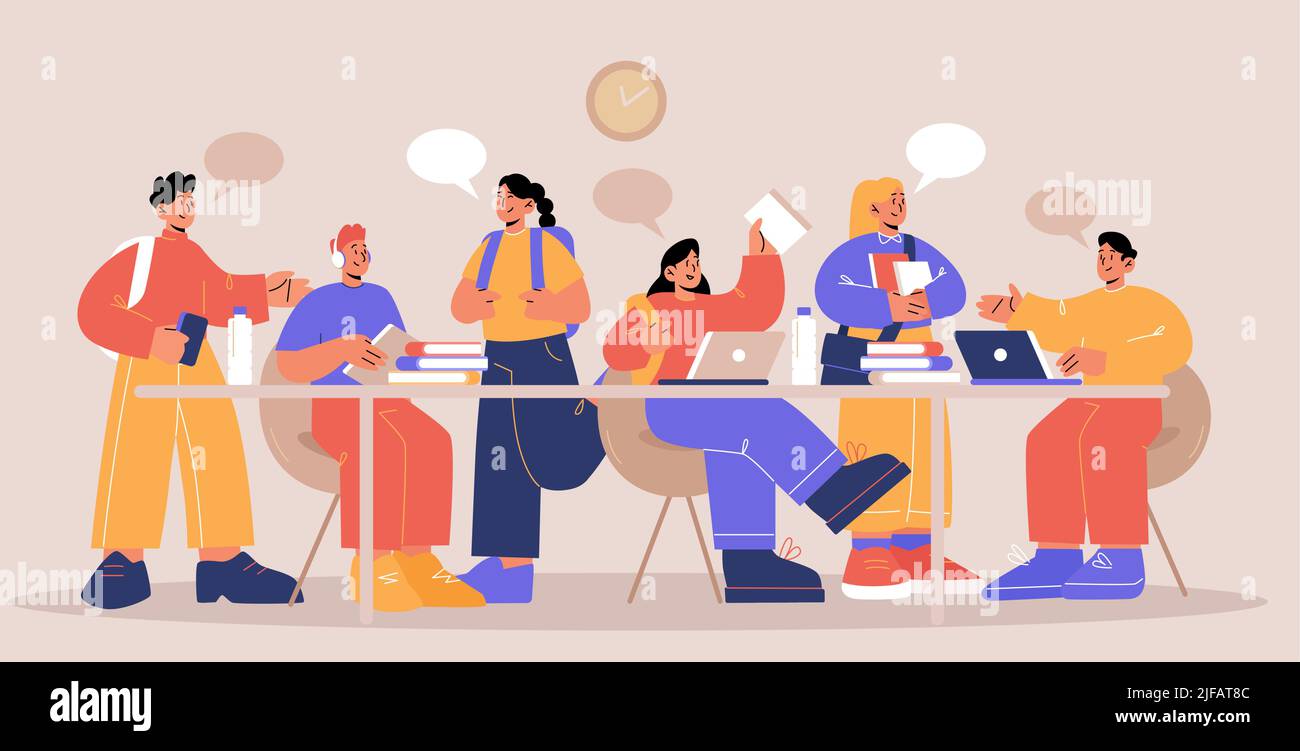 Students with books and laptops study at desk. School, college or ...