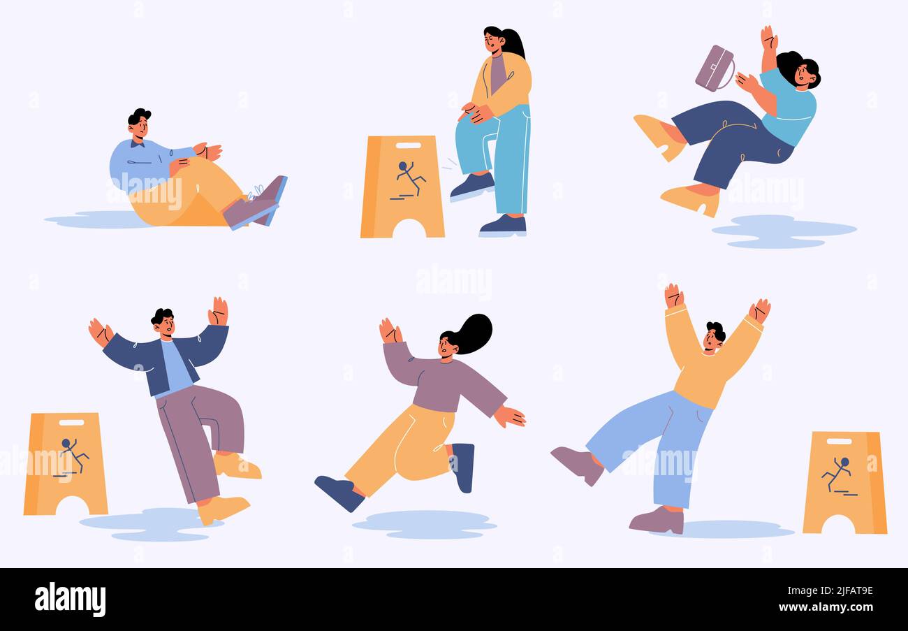 Set of people slip on wet floor or stumble. Characters fall down near ...