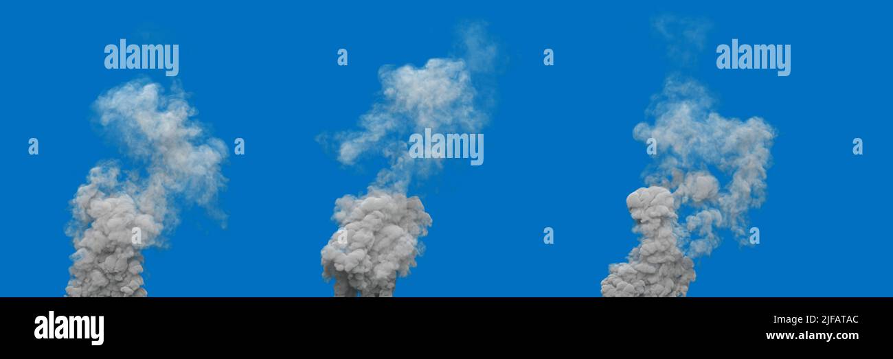 3 grey carbon smoke columns from factory on blue, isolated - industrial ...