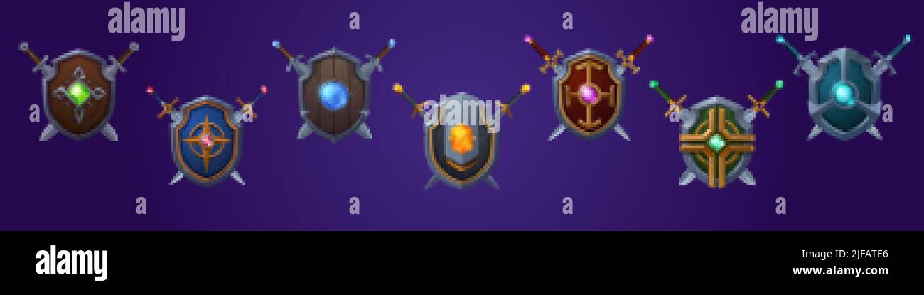 Set of game shields with swords, cartoon fantasy medieval armor of ...