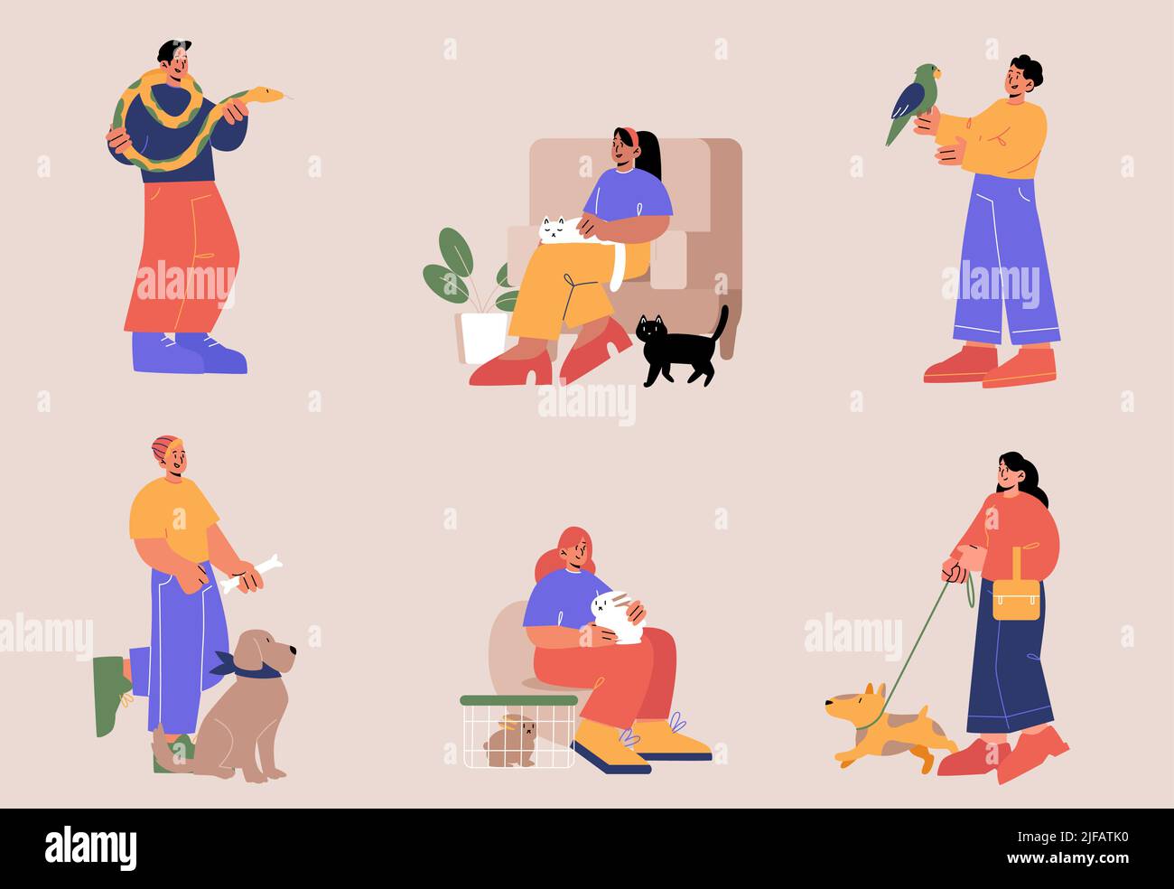 People with pets, male and female characters spend time with their home ...