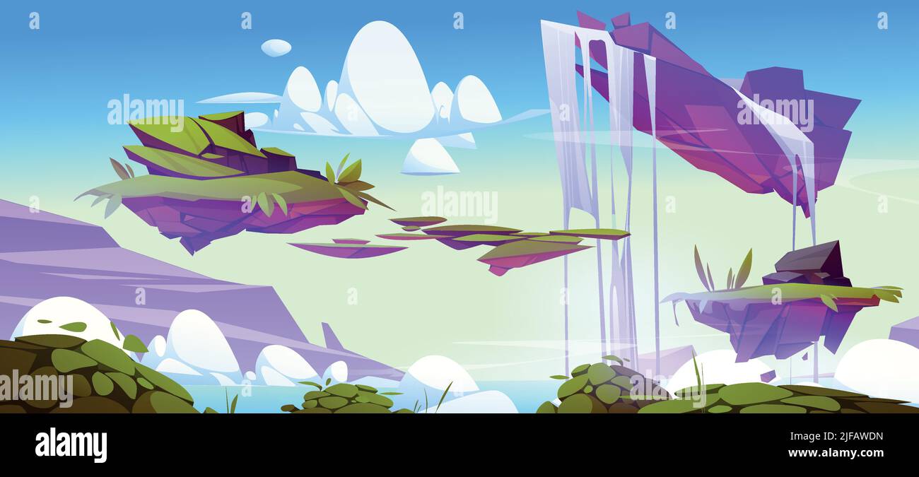 Fantasy summer landscape with floating islands with green grass and ...