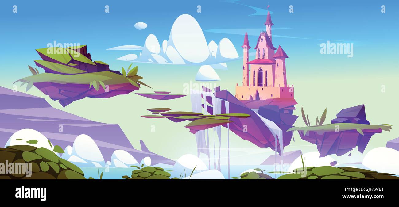 Fantasy summer landscape with magic pink castle and floating islands ...