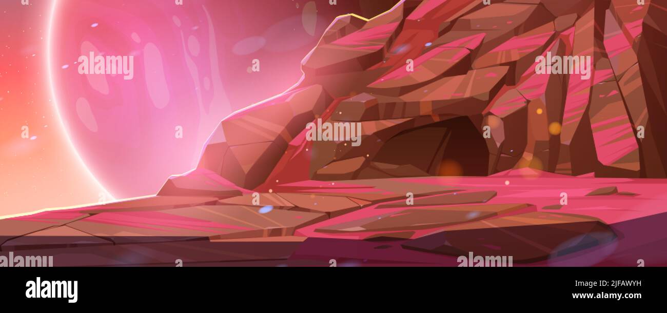 Alien planet landscape, game background. Cave in rock with red surface ...